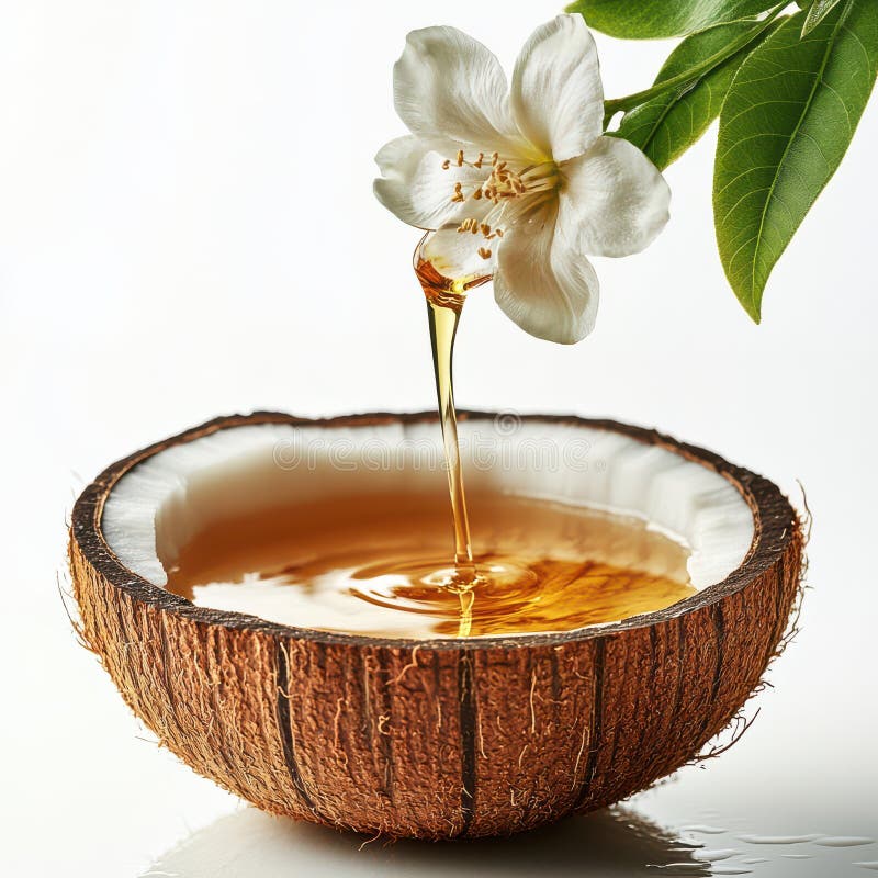 Coconut Oil Pouring into Coconut Shell with White Flower Stock ...