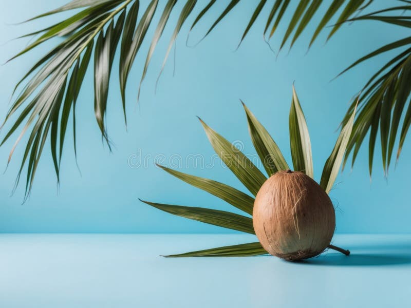 Coconut and Palm Leaves on a Blue Background. Stock Image - Image of ...