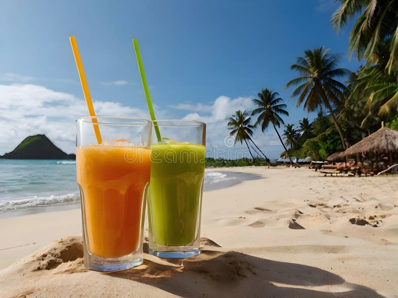 Coconut Palm Trees and Juice Drinks on a Tropical Beach Stock ...