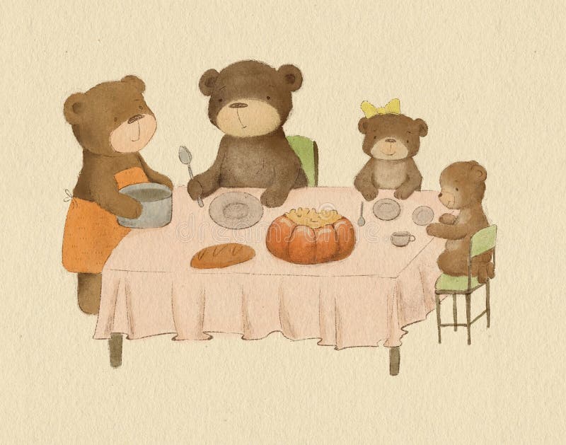 A Family of Bears Sit at the Table and Have Dinner Stock Illustration ...
