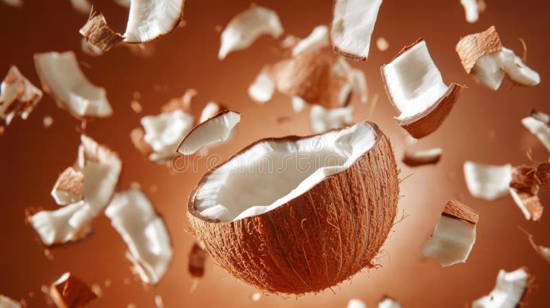 Coconut Pieces Falling, Tropical Fruit, Cracked Shell Stock ...