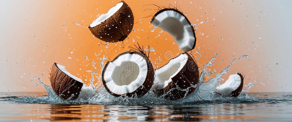 Coconut Pieces Falling into Water Creating a Big Splash on Orange ...