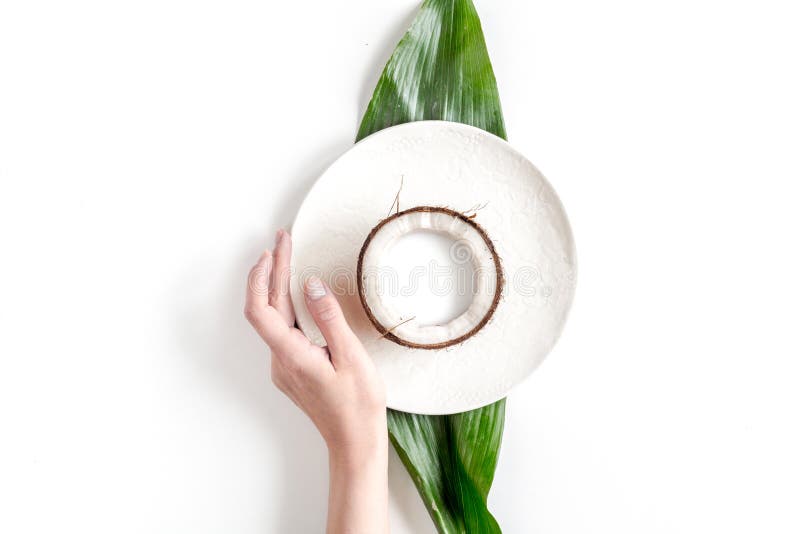 Coconut on Plate Top View on White Background Stock Image - Image of ...