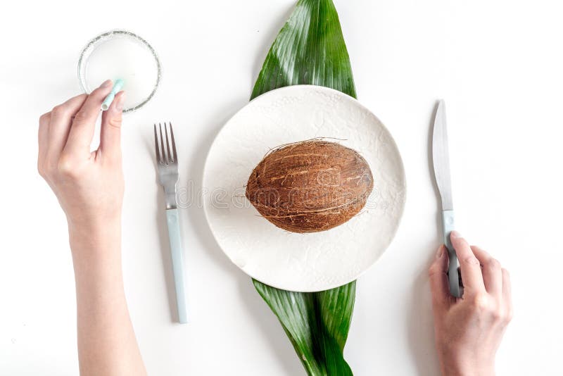 Coconut on Plate Top View on White Background Stock Image - Image of ...