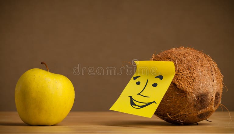 Coconut with Post-it Note Smiling at Apple Stock Image - Image of apple ...