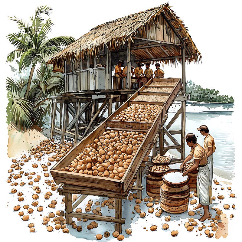 Coconut Processing in a Tropical Setting Workers Harvesting and Sorting ...