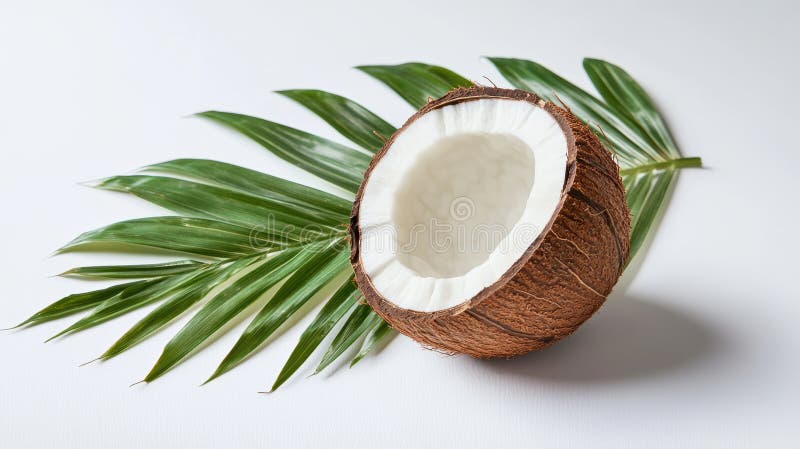 A Coconut Rests beside a Leaf on a Clean White Surface. Stock Photo ...