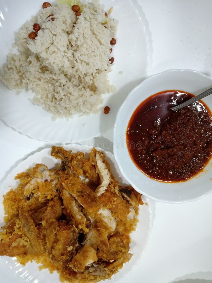 Coconut Rice, Chilli Sambal and Fried Chicken Stock Image - Image of ...