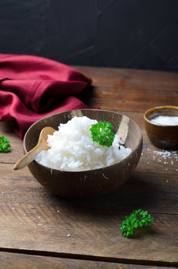 Coconut Rice, Cooked Rice Served in Coconut Shell Stock Image - Image ...