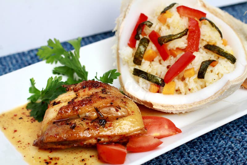 Coconut Rice with Fried Chicken and Vegetables on White Plate Stock ...