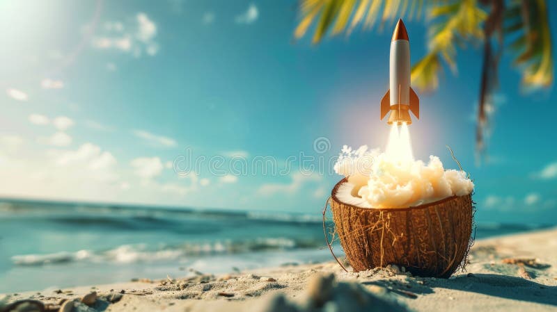 Coconut with Rocket Launch on a Sandy Beach Stock Image - Image of blue ...