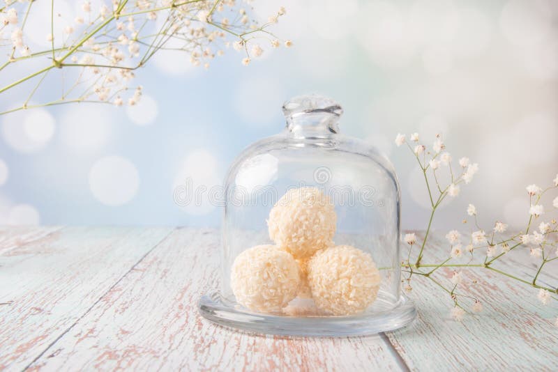 Coconut Round Candies in a Glass Flask. Stock Image - Image of snack ...
