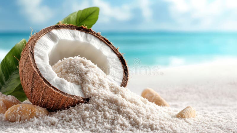 Coconut and Sea Shells on a Sunny Beach Beneath a Clear Blue Sky. Stock ...