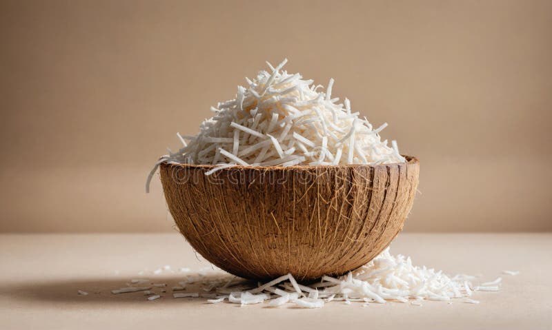 A Coconut Shell Bowl Filled with Shredded Coconut Sits on a Beige ...