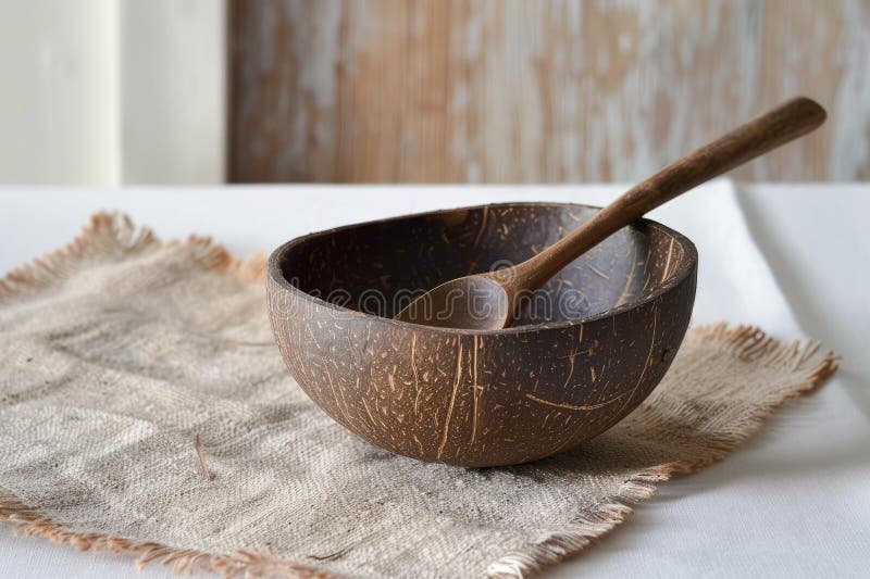 Coconut Shell Bowl and Spoon Resting on Rustic Burlap Place Mat Stock ...