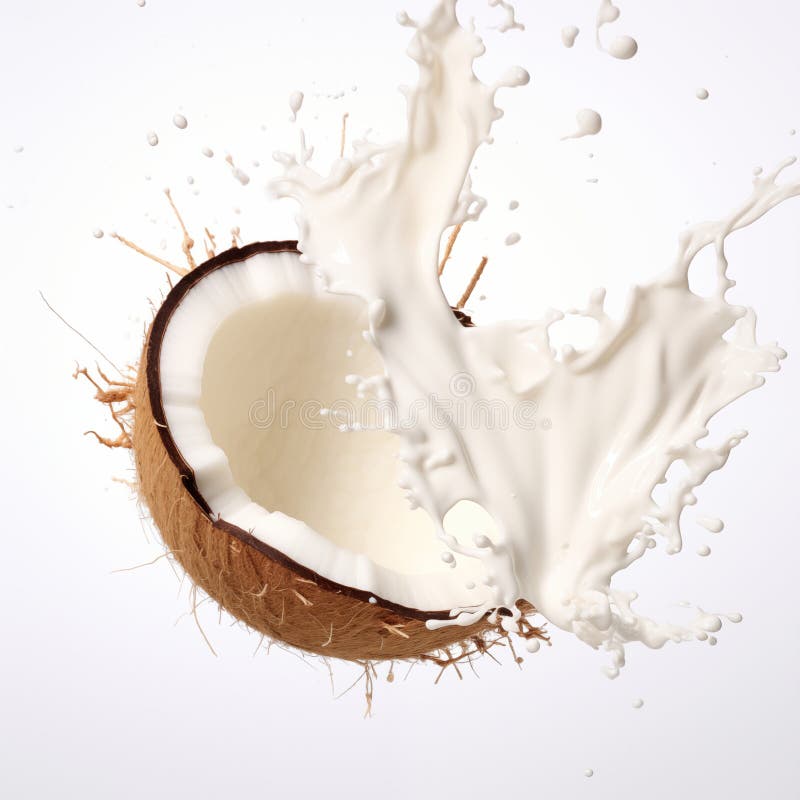 Coconut Shell Bursting with Fresh Coconut Milk Against a White ...