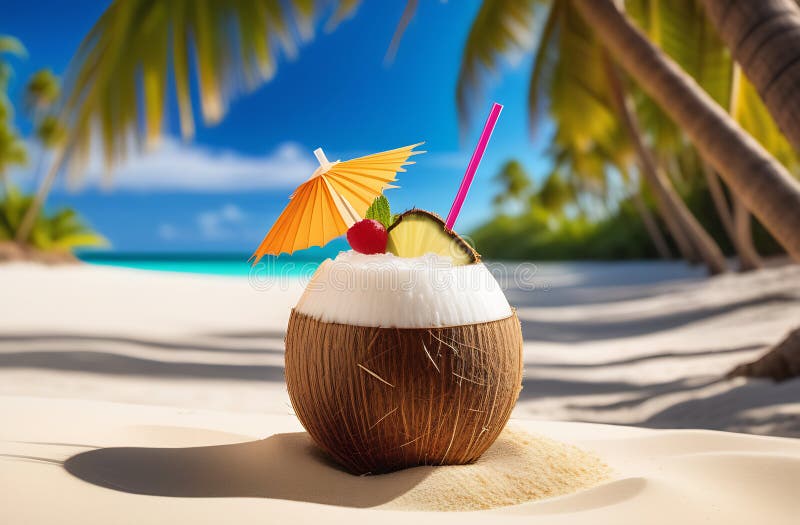 Cocktail in a Coconut Shell on the Beach Stock Illustration ...