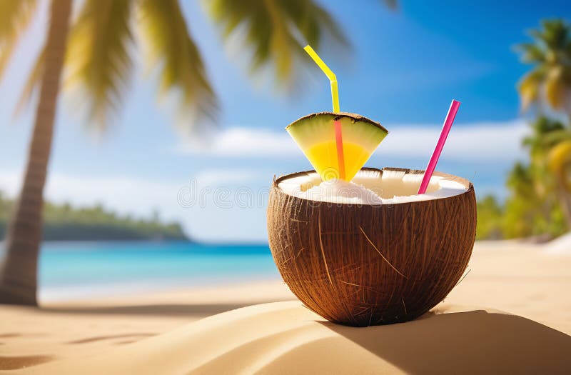 Cocktail in a Coconut Shell on the Beach Stock Illustration ...