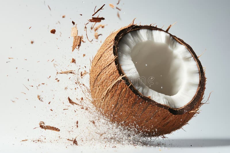 Coconut Shell Bursting Open, Revealing Fresh Coconut Meat and Flying ...