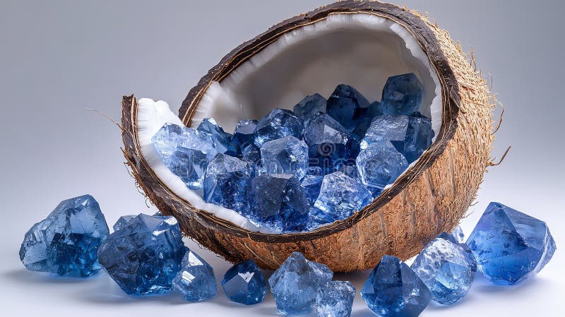 Coconut Shell Filled with Sparkling Blue Crystals Placed on a Plain ...