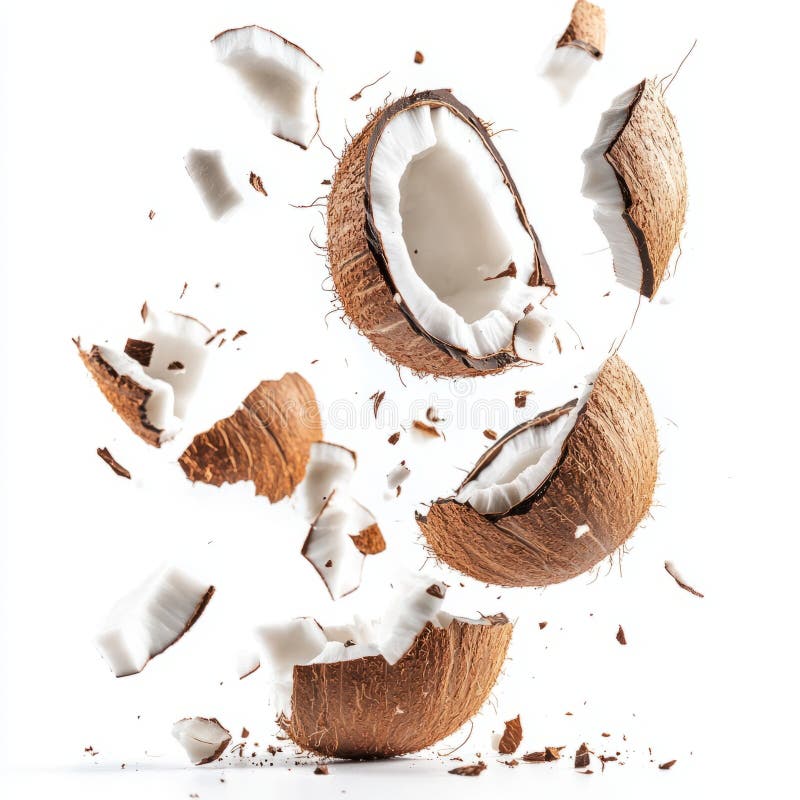 Coconut Shell Fragments Exploding Against a White Background in an ...