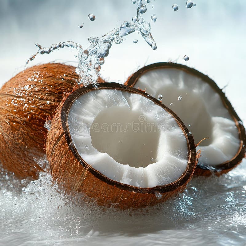 A Coconut Shell Isolated on White is Splashing Coconut Water Stock ...