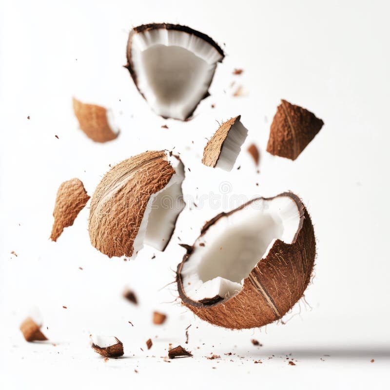 Coconut Shell Pieces Bursting Apart in a Dynamic Explosion Against a ...