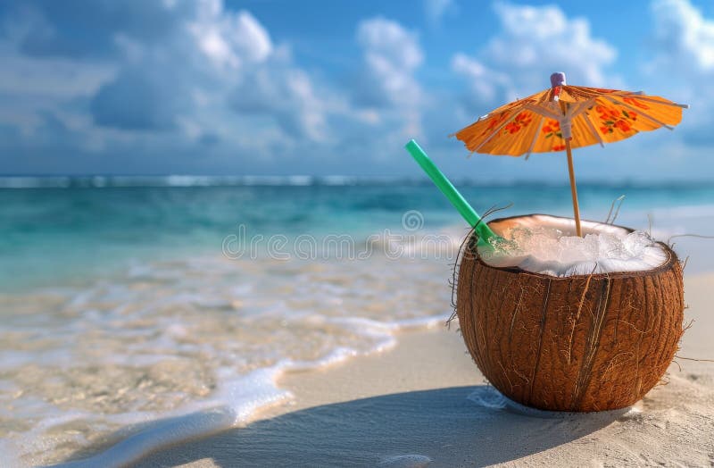 Coconut Shell with Straw Umbrella on Beach Stock Image - Image of shell ...