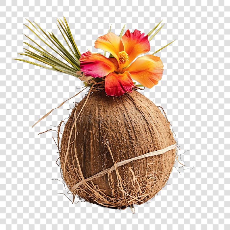 Coconut Shell with Tropical Flower and Straw Stock Photo - Illustration ...