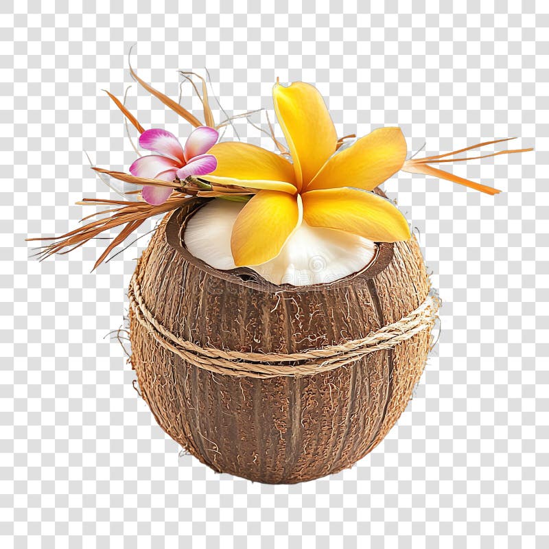 Coconut Shell with Tropical Flower and Straw Stock Image - Illustration ...