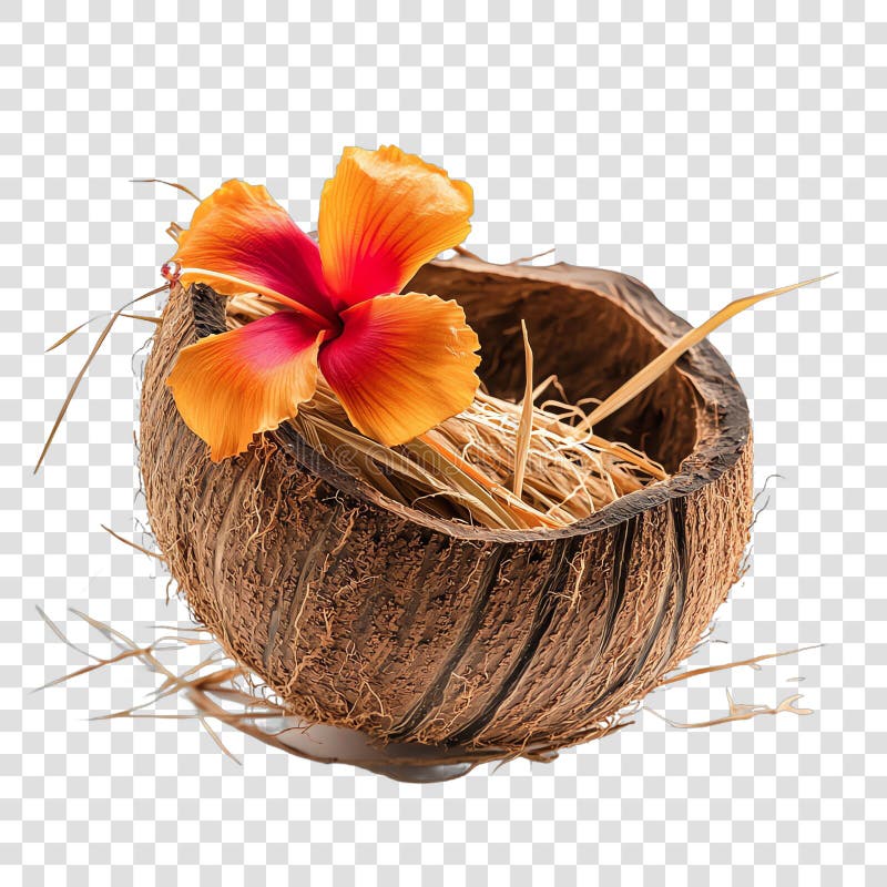 Coconut Shell with Tropical Flower and Straw Stock Photo - Illustration ...