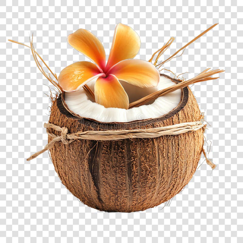 Coconut Shell with Tropical Flower and Straw Stock Image - Illustration ...