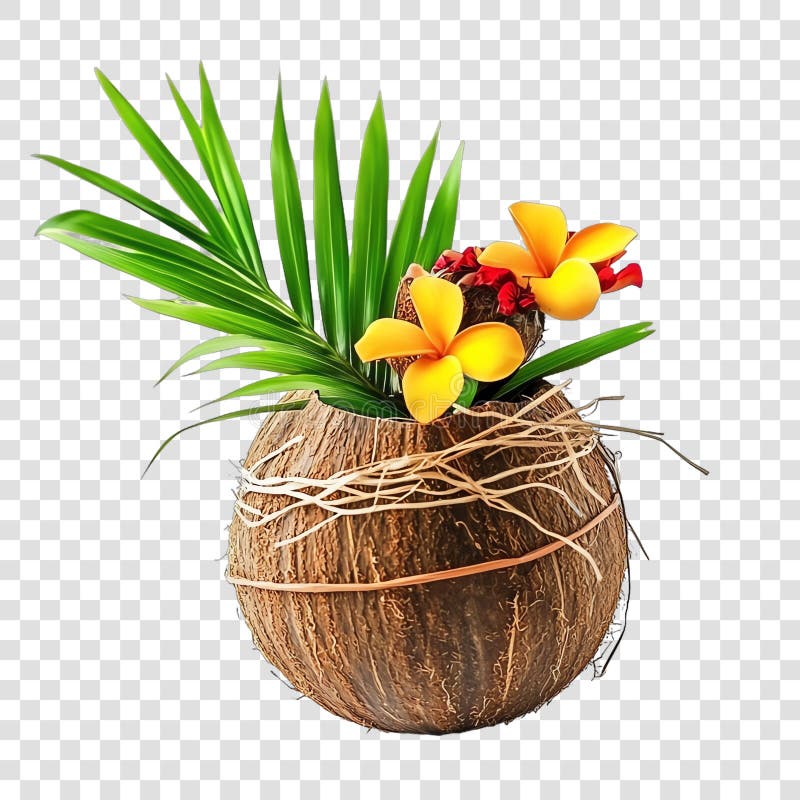 Coconut Shell with Tropical Flower and Straw Stock Photo - Illustration ...