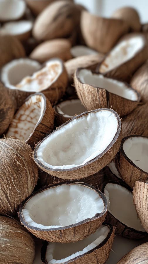 Coconut Shells Scattered on a Table, Showcasing Natural Textures and ...