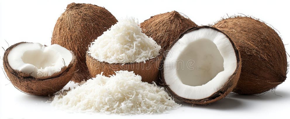 The Coconut with Shredded Flakes and Halved Shells on White Background ...