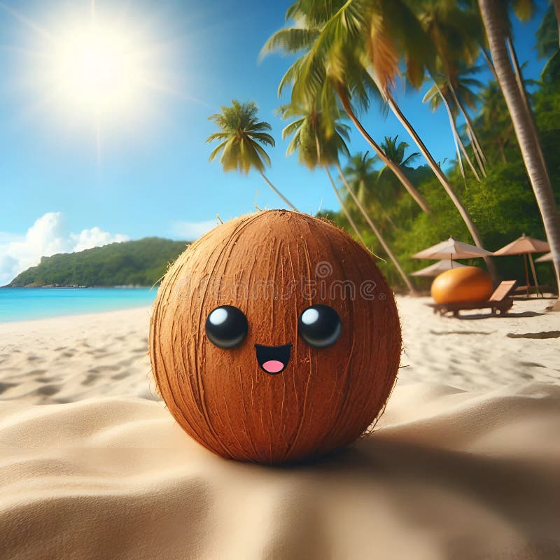 A Coconut with a Smiling Face, Basking Under the Sun on a Tropical ...