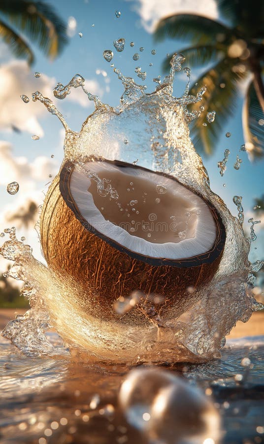 Coconut Splash with Bubbles, Tropical Trees, Blue Sky, and Refreshing ...
