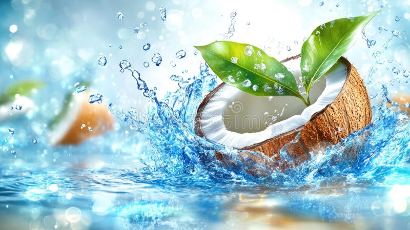 Coconut Splash in Refreshing Blue Water with Green Leaves Stock Photo ...