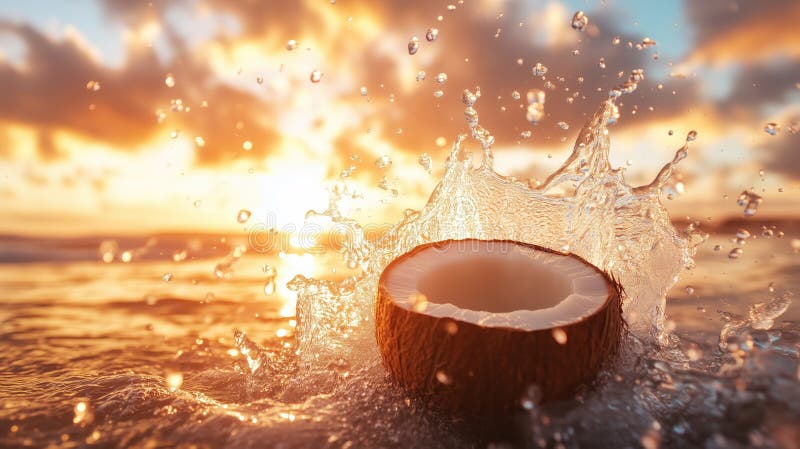 Coconut Splash at Sunset on Ocean Shore with Dramatic Sky and Waves ...