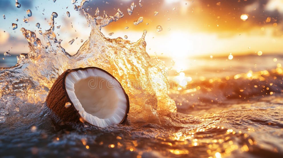 Coconut Splash at Sunset on Ocean Shore with Dramatic Sky and Waves ...