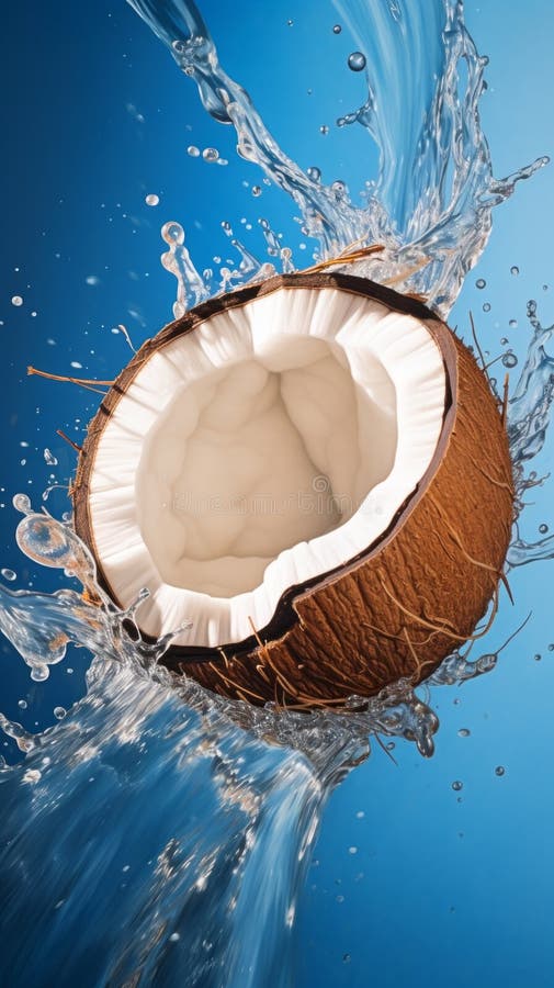 Coconut in a Splash of Water and Coconut Juice on a Blue Background ...