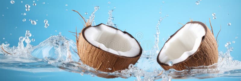 Coconut in a Splash of Water and Coconut Juice on a Blue Background ...