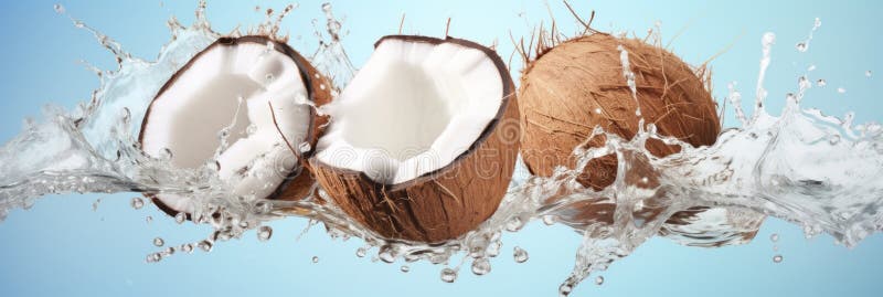 Coconut in a Splash of Water and Coconut Juice on a Blue Background ...