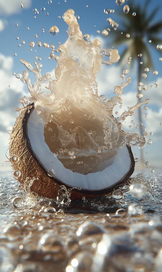 Coconut Splash with Bubbles, Tropical Trees, Blue Sky, and Refreshing ...