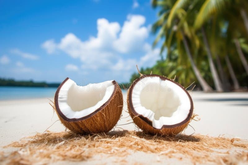 A Coconut Split Open on a Sandy Beach Stock Photo - Image of sandy ...