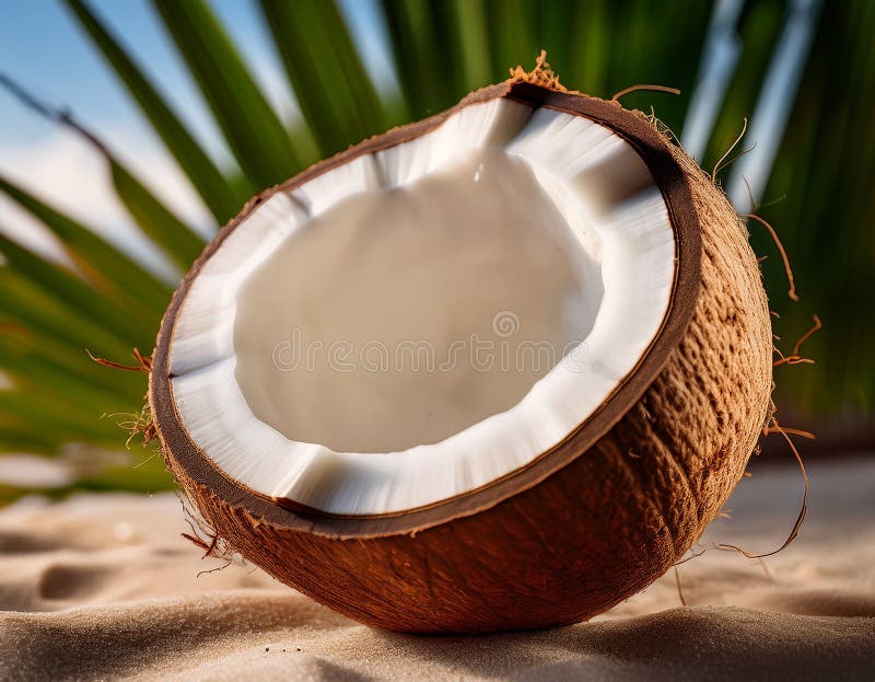 A Coconut Split Showcasing Its Rough Bark Exterior and Pure White ...
