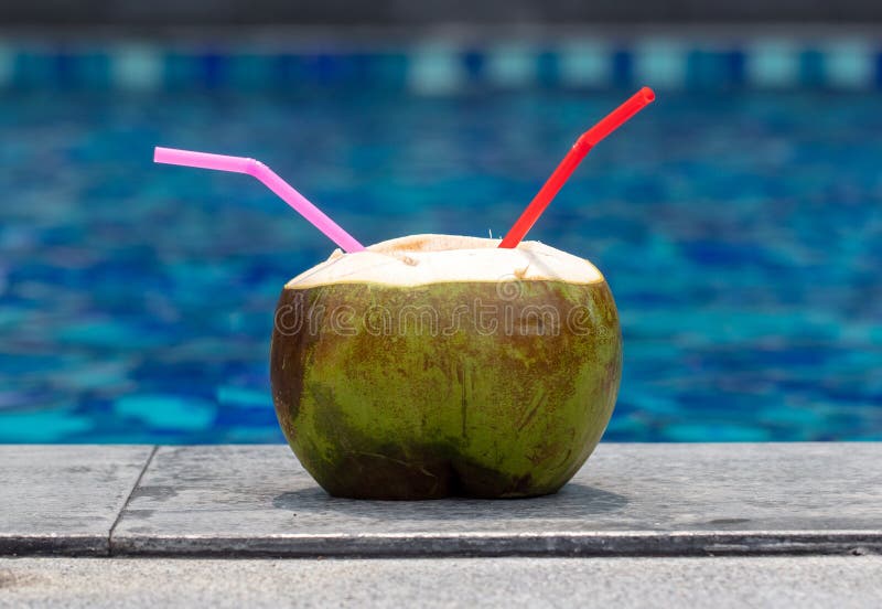 Coconut with a Straw Near the Pool Stock Photo - Image of beach, juice ...