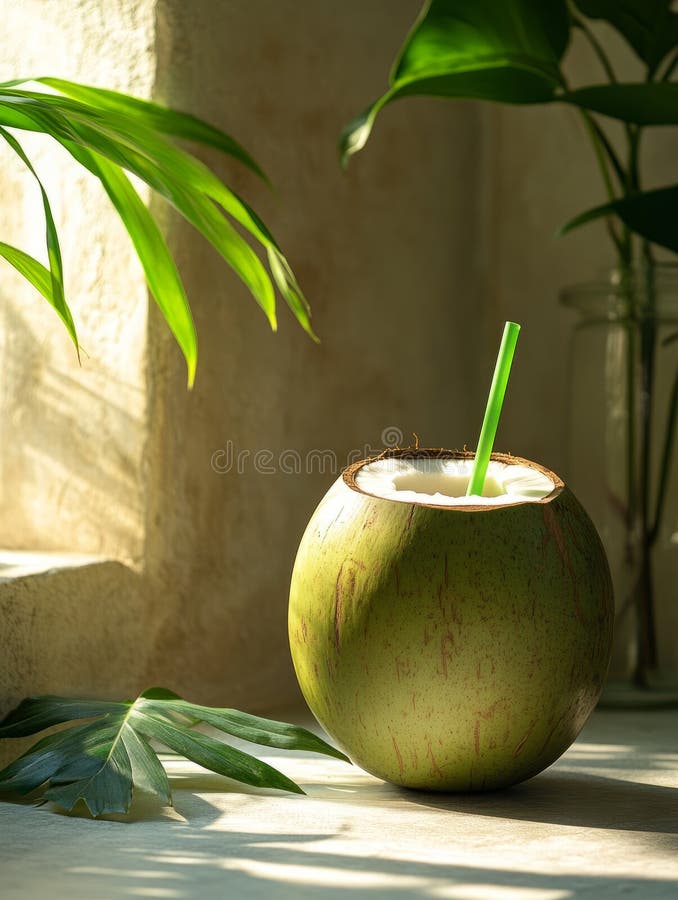Coconut with a Straw and Palm Leaves in Sunlight. Stock Image - Image ...