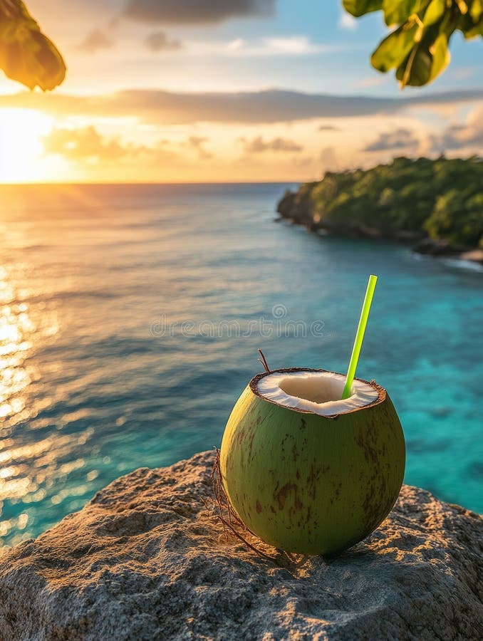 Coconut with Straw on a Rock at Sunset by the Ocean. Stock Image ...