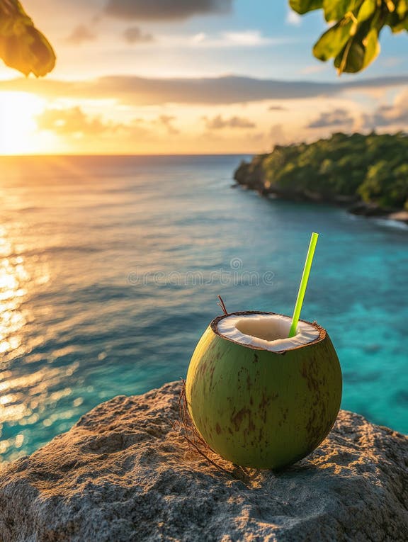 Coconut with Straw on a Rock at Sunset by the Ocean. Stock Image ...